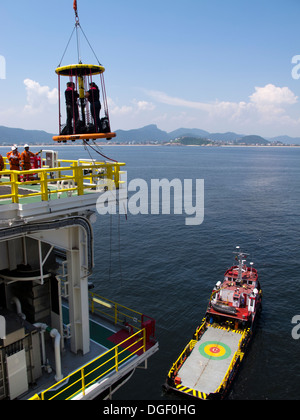 crew members of oil rig been transported on a basket to a supply ...