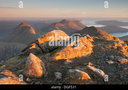 The rocky summit of Blaven (Bla Bheinn) a black Cuillin mountain and ...