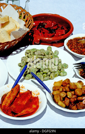 Spanish tapas selection of mushrooms, broad beans, lentils and fish ...