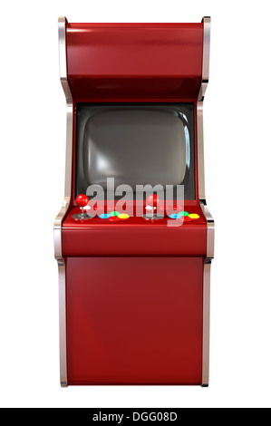 A vintage red unbranded arcade game with a joystick and four various ...