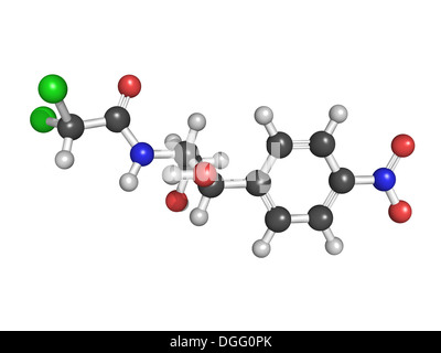 Chloramphenicol antibiotic drug, chemical structure. Atoms are ...