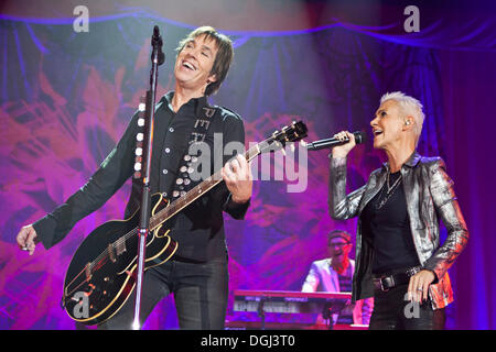 Swedish pop duo "Roxette" with Marie Fredriksson and Per Gessle playing ...