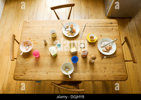 Overhead view of breakfast table with eaten food and messy plates Stock ...