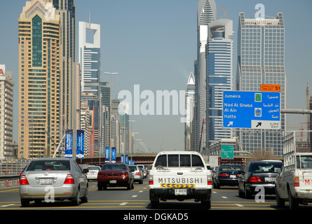 Road signs and traffic on Sheikh Zayed Road, Dubai, United Arab ...
