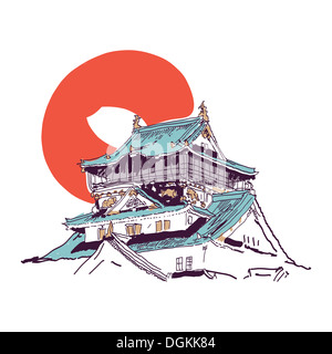 Vector drawing sketch of traditional Japanese house on old paper ...