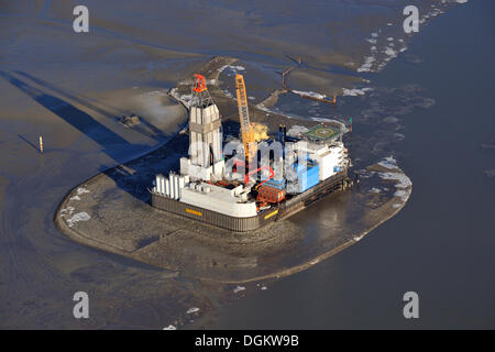 Aerial view, Mittelplate oil production island, North Sea, Schleswig ...