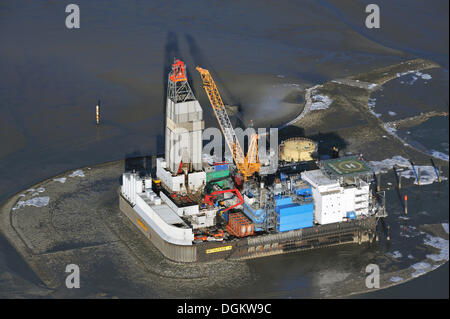 Aerial view, Mittelplate oil production island, North Sea, Schleswig ...