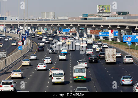 Road signs and traffic on Sheikh Zayed Road, Dubai, United Arab ...