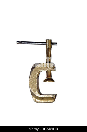 Metal vice with red handle on white background Stock Photo - Alamy