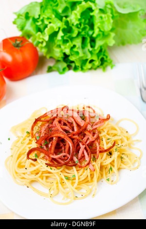 Spaghetti with fried ham Stock Photo - Alamy