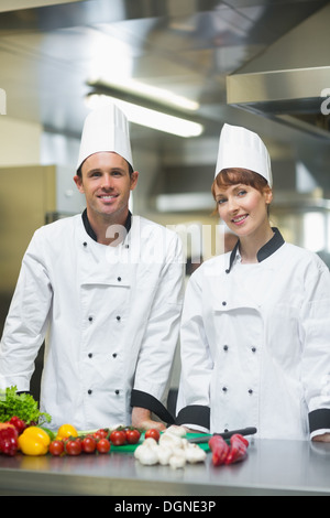 Portrait of two chefs standing together in commercial kitchen at ...