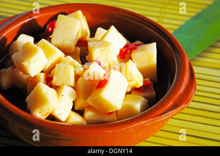 Tapas - Cubed Manchego cheese with chilli in olive oil, Costa del Sol ...