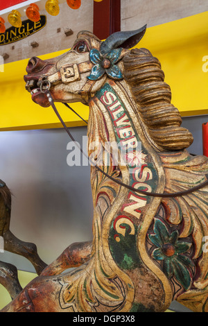 Carved carousel horses at Dingle's vintage fairground, Devon Stock ...