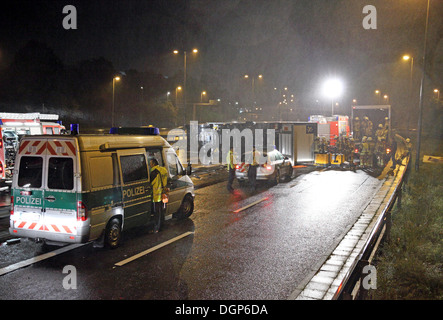 Car accident on highway, Autobahn A3, 4 cars are involved, police car ...