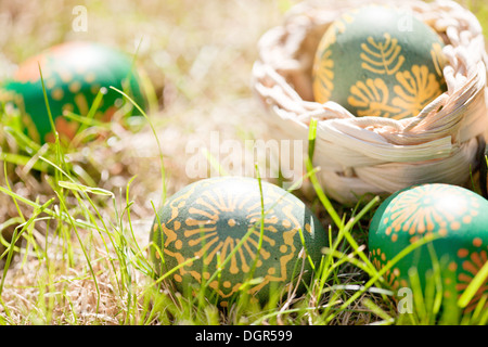 Beautiful decorated Easter eggs on the wooden background. Easter ...