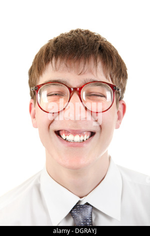 Portrait of handsome cheerful funny foolish pre-teen boy holding photo ...