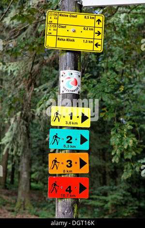 Hiking sign and colored directional arrows marking the different ...