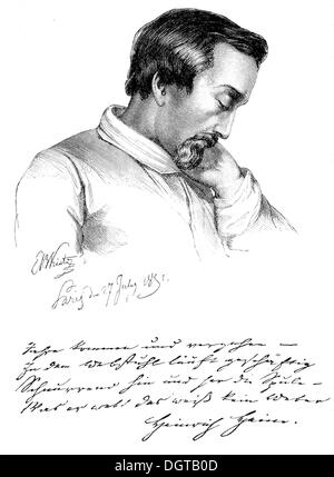Portrait of Heinrich Heine with his signature in old German writing ...