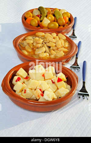 Spanish tapas comprising of Manchego with chilli, Beans with pork ...
