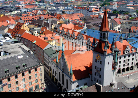 View from the 'Alter Peter' tower, St. Peter, of Marienplatz square ...