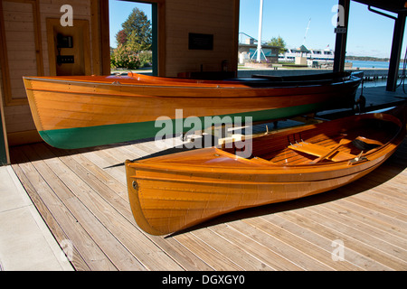 New York, Clayton. Antique Boat Museum. Bow of vintage wooden canoe. (Large format sizes ...