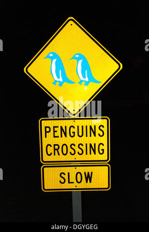Penguins crossing sign in the streets of Oamaru New Zealand Stock Photo ...