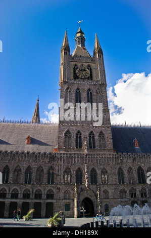 World War 1. The medieval Cloth Hall of Ypres, Belgium, in flames from ...