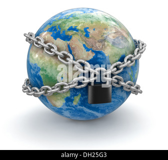 Earth Globe with chain and padlock, security concept. 3D rendering ...