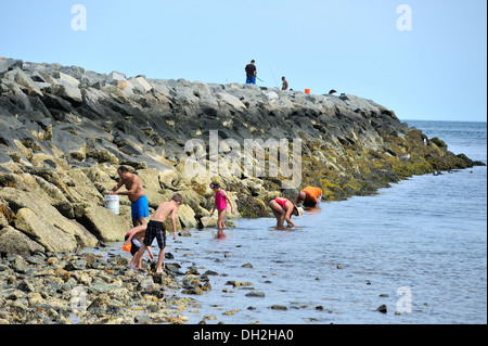 Jetty and beach at the east end of the Cape Cod Canal that opens to ...