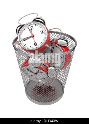 Waste of time concept: trash bin and word cloud on white background ...