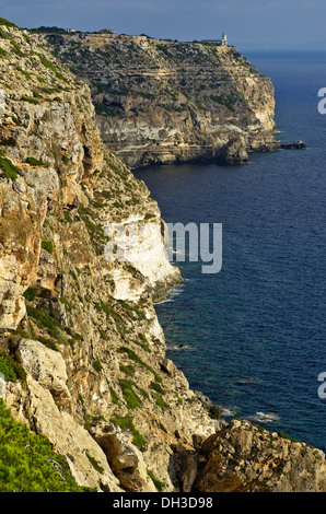 Coastal cliffs with a lighthouse at Cabo Blanco, Tolleric, Majorca ...