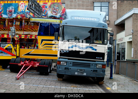 Fairground lorries parked at Warwick Mop fair Stock Photo - Alamy
