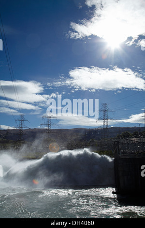 Water spilling from Roxburgh Hydro Dam, Roxburgh, Central Otago, South ...