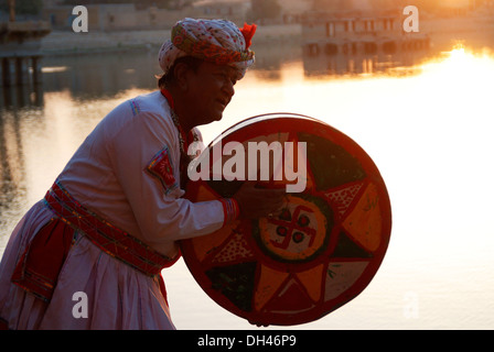 Man playing musical instrument dafli Jaisalmer Rajasthan India Asia ...