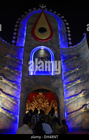 Decorated outer gate of Pandal during Durga festival at Kolkata India ...