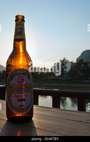 A bottle of Beerlao lager by Lao brewery Company, Vientiane, Laos, on a ...