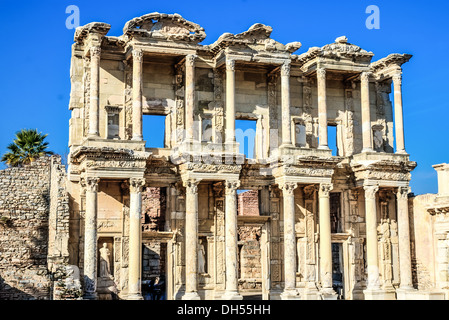 Facade of the Library of Celsus, an ancient Roman building in Ephesus ...