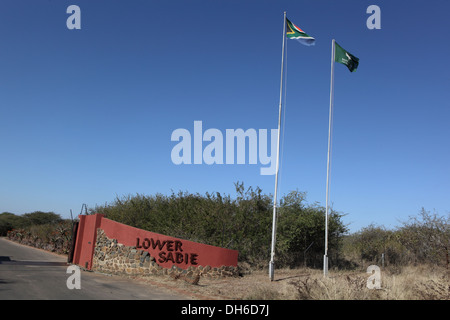 Entrance gate to Lower Sabie camp site, Kruger National Park South ...