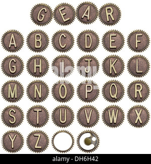 Cog Wheel icon. Bronze Cog Wheel symbol on white marble podium. Icon ...