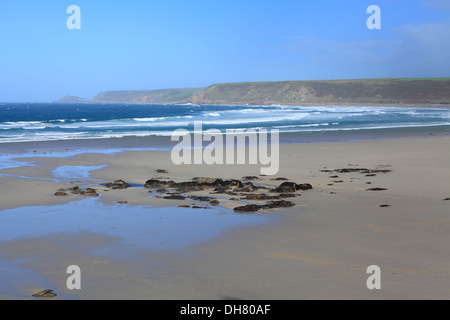 Coast with rocks and sandy beach, Sennen Cove, Cornwall, England ...