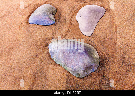 Abstract patterns of pebbles on a sandy beach at Littlehampton in West ...