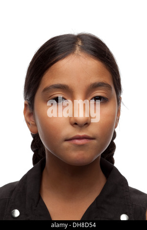 Studio portrait of a girl with multi-colored braces. Isolated on white ...