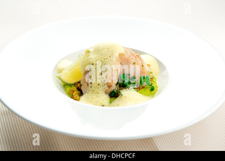 A restaurant main course dish of sea bass and calamari with mixed salad ...