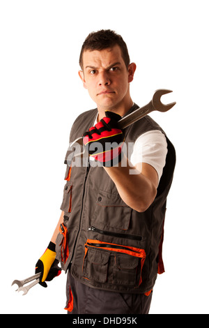 angry mechanic threats with wrench isolated over white Stock Photo - Alamy