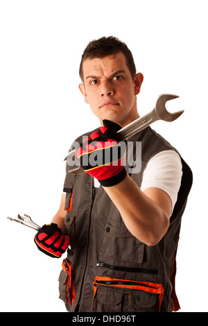 angry mechanic threats with wrench isolated over white Stock Photo - Alamy