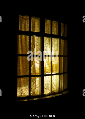 Bow fronted window on house photographed at night, Wanstead, London ...