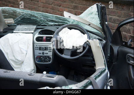 Car crashed RTA RTC Airbags Deployed roof removed cut off Stock Photo ...