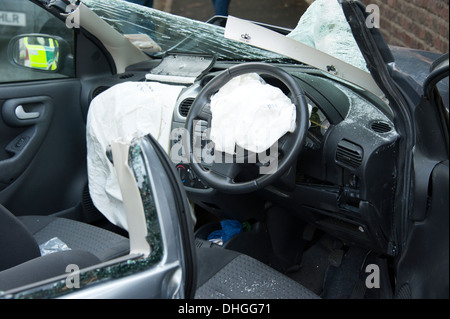 Car crashed RTA RTC Airbags Deployed roof removed cut off Stock Photo ...