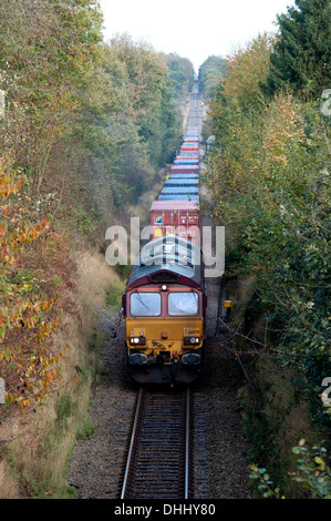 Freightliner freight train on the single track branch line between ...