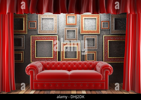 red fabric curtain with frames and sofa Stock Photo - Alamy